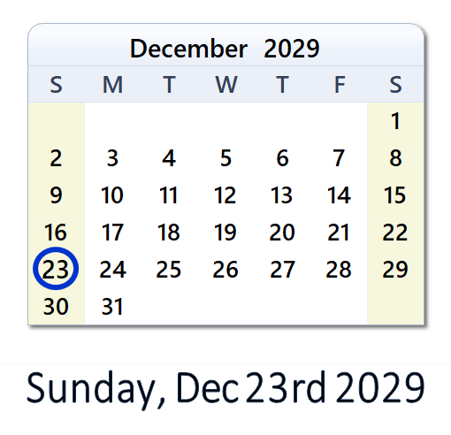 December 23, 2029 Calendar with Holidays & Count Down - USA