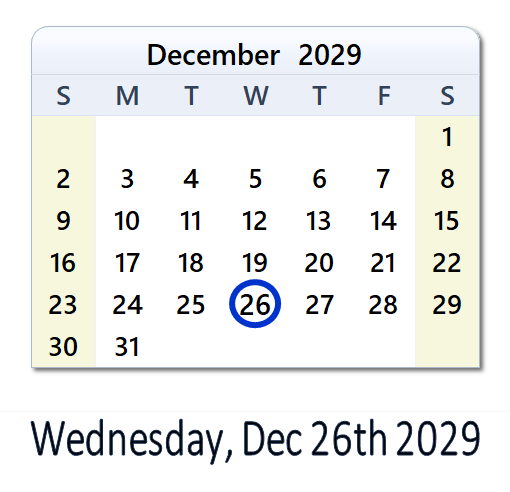 26 December 2029 Calendar with Holidays and Count Down - ZAF