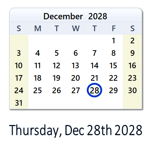 28 December 2028 Calendar with Holidays and Count Down - ZAF