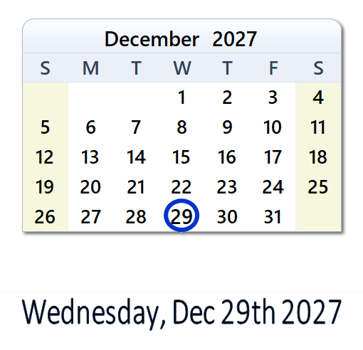 December 29, 2027 Calendar with Holidays & Count Down - USA