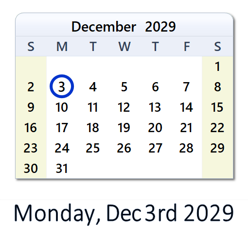 December 3, 2029 Calendar with Holidays & Count Down - USA