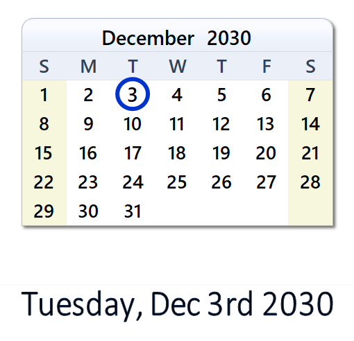 December 3, 2030 Calendar with Holidays & Count Down - USA