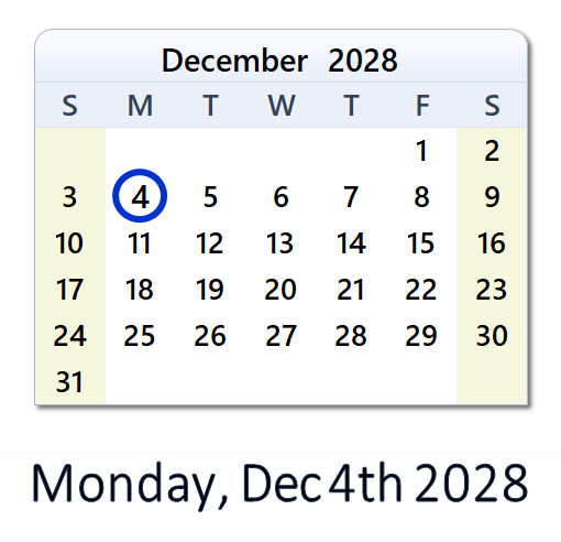 December 4, 2028 Calendar with Holidays and Count Down - CAN