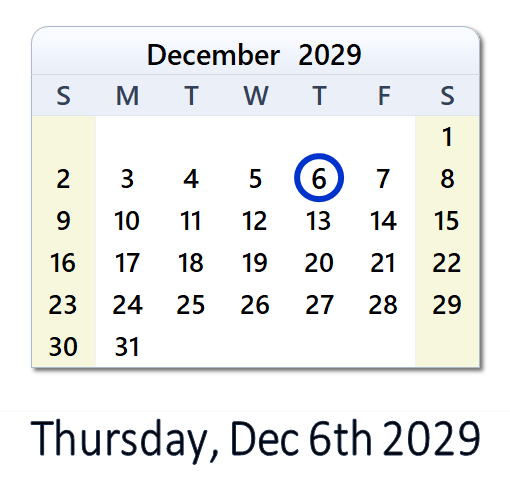 December 6, 2029 Calendar with Holidays & Count Down - USA