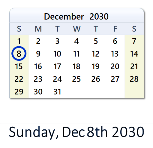 8 December 2030 Calendar with Holidays and Count Down - ZAF