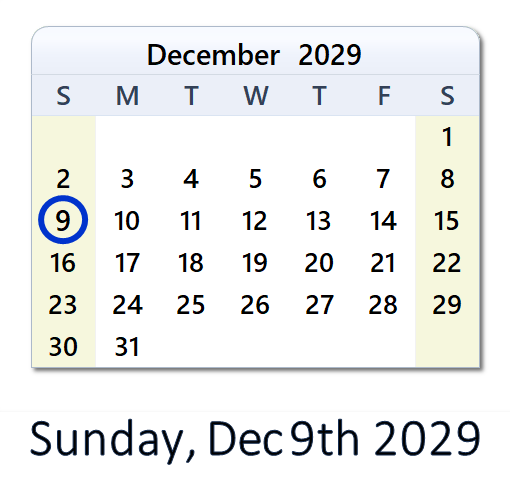 December 9, 2029 Calendar with Holidays & Count Down - USA