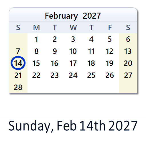 February 14, 2027 Calendar with Holidays & Count Down - USA