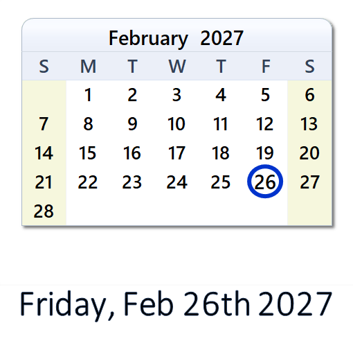 February 26, 2027 Calendar with Holidays & Count Down - USA