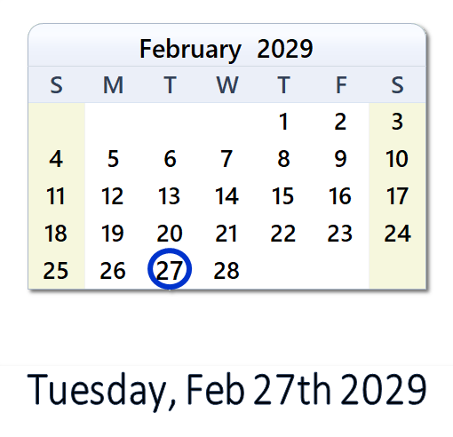 February 27, 2029 Calendar with Holidays & Count Down - USA