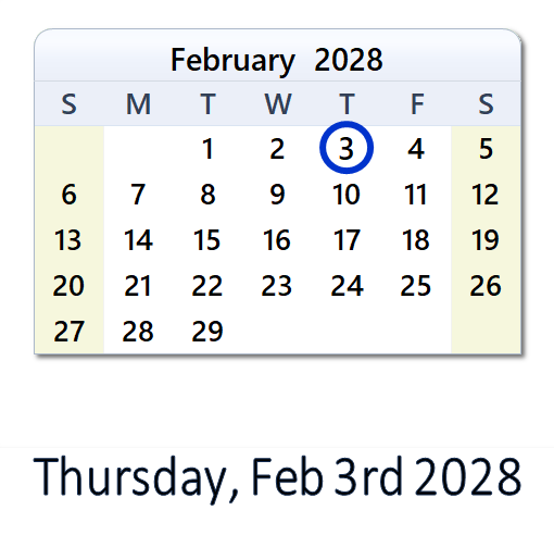 February 3, 2028 Calendar with Holidays and Count Down - CAN