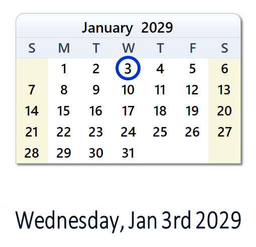 January 3, 2029 Calendar with Holidays and Count Down - CAN
