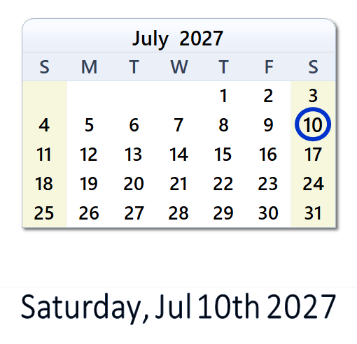 July 10, 2027 Calendar with Holidays & Count Down - USA