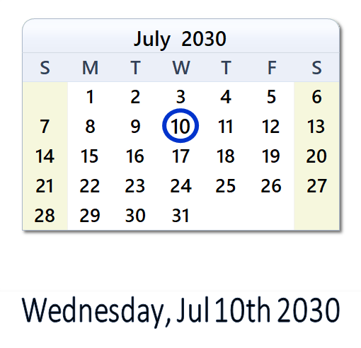 July 10, 2030 Calendar with Holidays & Count Down - USA