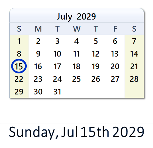 July 15, 2029 Calendar with Holidays & Count Down - USA
