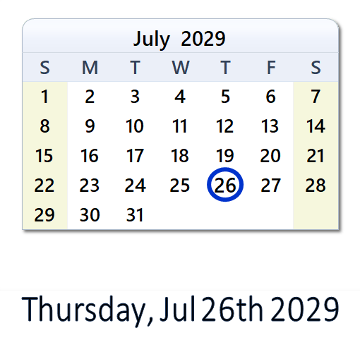 July 26, 2029 Calendar with Holidays & Count Down - USA