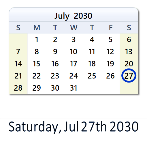 27 July 2030 Calendar with Holidays and Count Down - ZAF