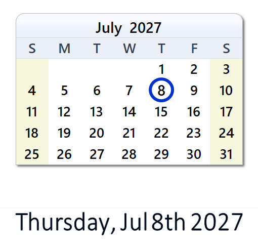 July 8, 2027 Calendar with Holidays & Count Down - USA