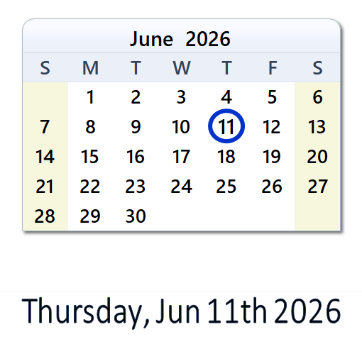 June 11, 2026 Calendar with Holidays & Count Down - USA