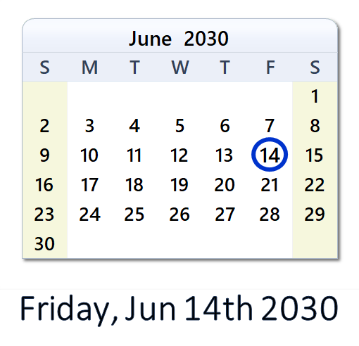 14 June 2030 Calendar with Holidays and Count Down - ZAF
