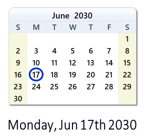 June 17, 2030 Calendar with Holidays & Count Down - USA