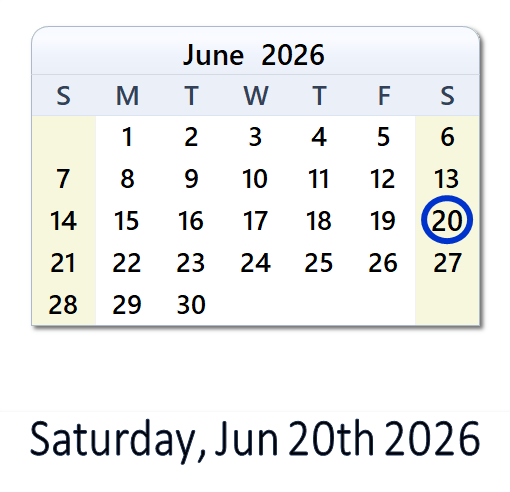 June 20, 2026 Calendar with Holidays & Count Down - USA