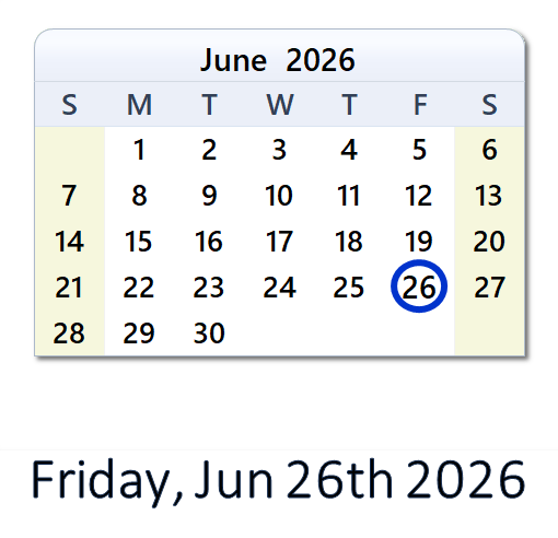 June 26, 2026 Calendar with Holidays & Count Down - USA