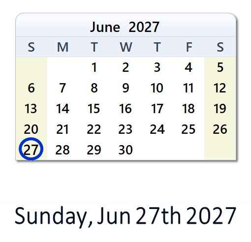 June 27, 2027 Calendar with Holidays & Count Down - USA