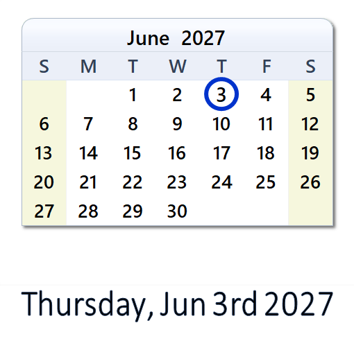 June 3, 2027 Calendar with Holidays & Count Down - USA