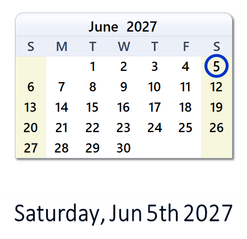 June 5, 2027 Calendar with Holidays & Count Down - USA