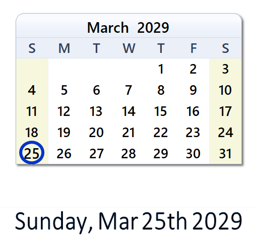 March 25, 2029 Calendar with Holidays and Count Down - CAN