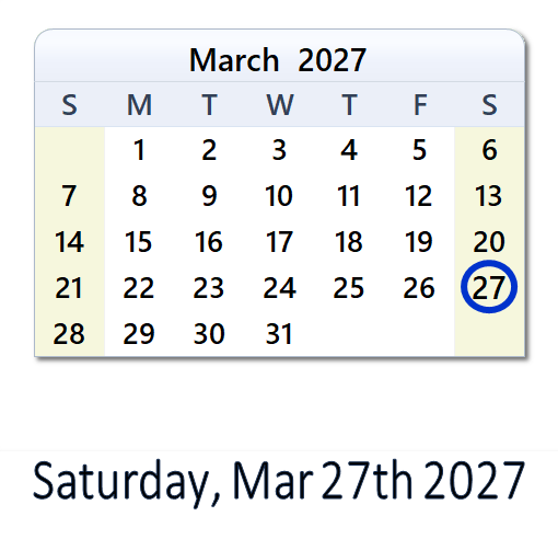March 27, 2027 Calendar with Holidays & Count Down - USA