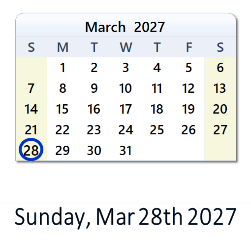 March 28, 2027 Calendar with Holidays and Count Down - CAN