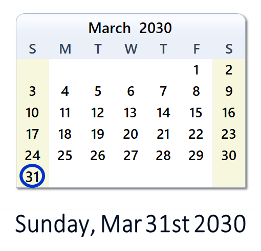 March 31, 2030 Calendar with Holidays & Count Down - USA