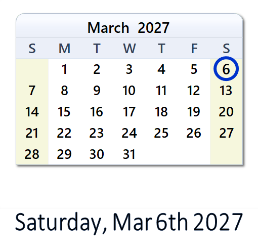 March 6, 2027 Calendar with Holidays & Count Down - USA