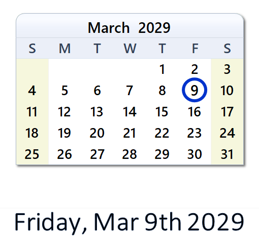 March 9, 2029 Calendar with Holidays and Count Down - CAN