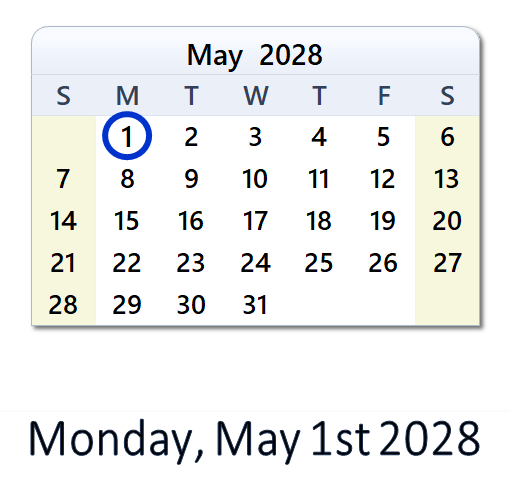 1 May 2028 Calendar with Holidays and Count Down - ZAF