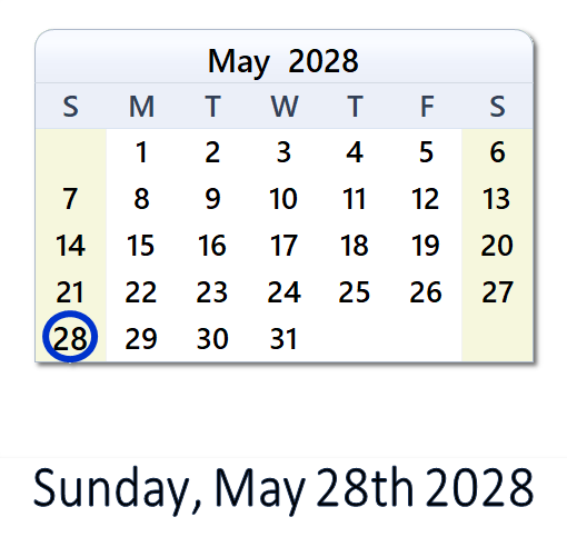 May 28, 2028 Calendar with Holidays and Count Down - CAN