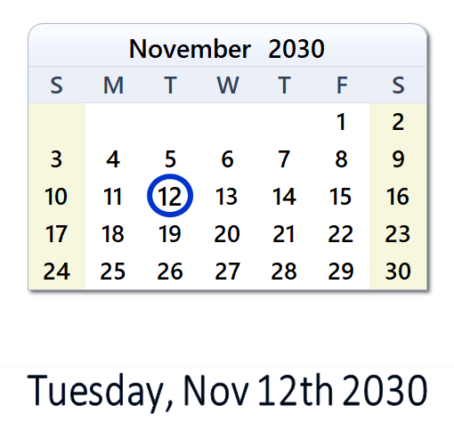 November 12, 2030 Calendar with Holidays & Count Down - USA