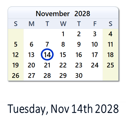 November 14, 2028 Calendar with Holidays and Count Down - CAN