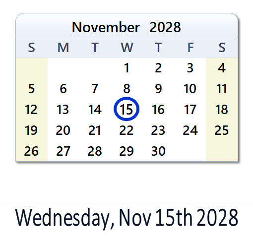 November 15, 2028 Calendar with Holidays & Count Down - USA