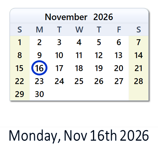 November 16, 2026 Calendar with Holidays & Count Down - USA