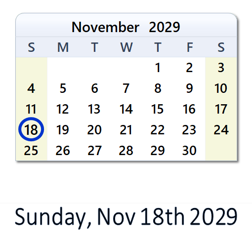 November 18, 2029 Calendar with Holidays & Count Down - USA