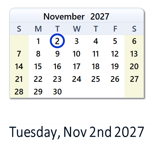 November 2, 2027 Calendar with Holidays and Count Down - CAN
