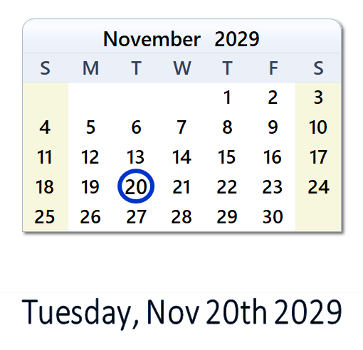 November 20, 2029 Calendar with Holidays & Count Down - USA