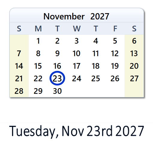 November 23, 2027 Calendar with Holidays & Count Down - USA