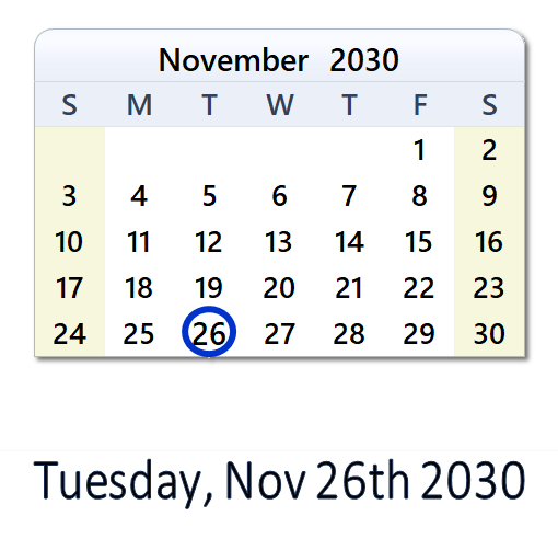 November 26, 2030 Calendar with Holidays & Count Down - USA