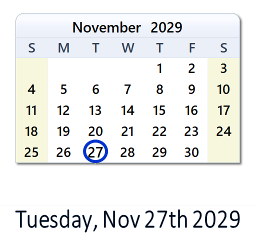 November 27, 2029 Calendar with Holidays and Count Down - CAN