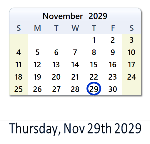 November 29, 2029 Calendar with Holidays and Count Down - CAN