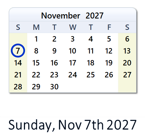 November 7, 2027 Calendar with Holidays & Count Down - USA