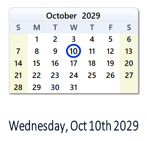 October 10, 2029 Calendar with Holidays & Count Down - USA